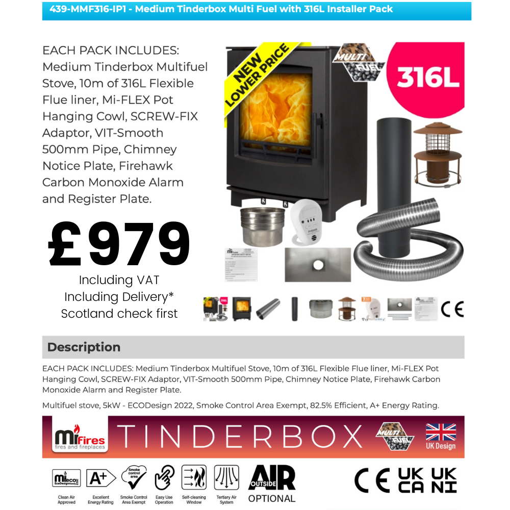 Mi Flues Tinderbox MULTIFUEL Wood Burning Stove Medium Installer Packa ...