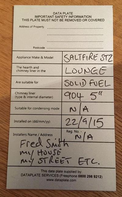 Data plate – Stovefitter's Warehouse